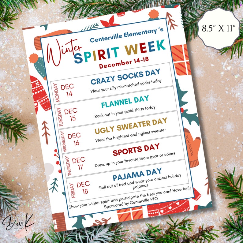 Winter Spirit Week Flyer Template, Editable, Printable, Holiday Themed ...