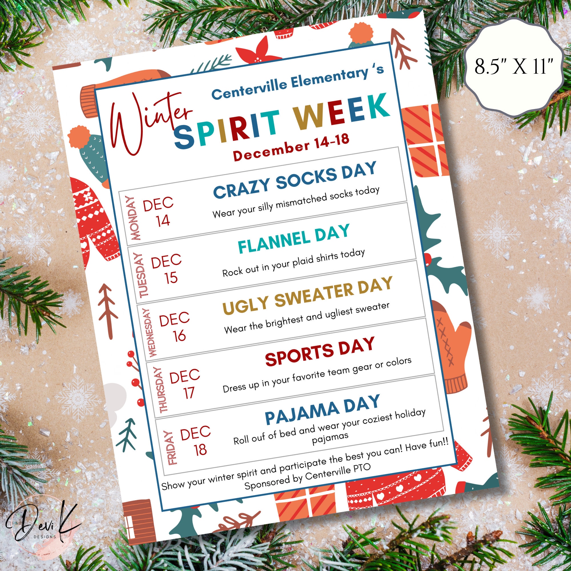 Winter Spirit Week Flyer Template, Editable, Printable, Holiday Themed ...