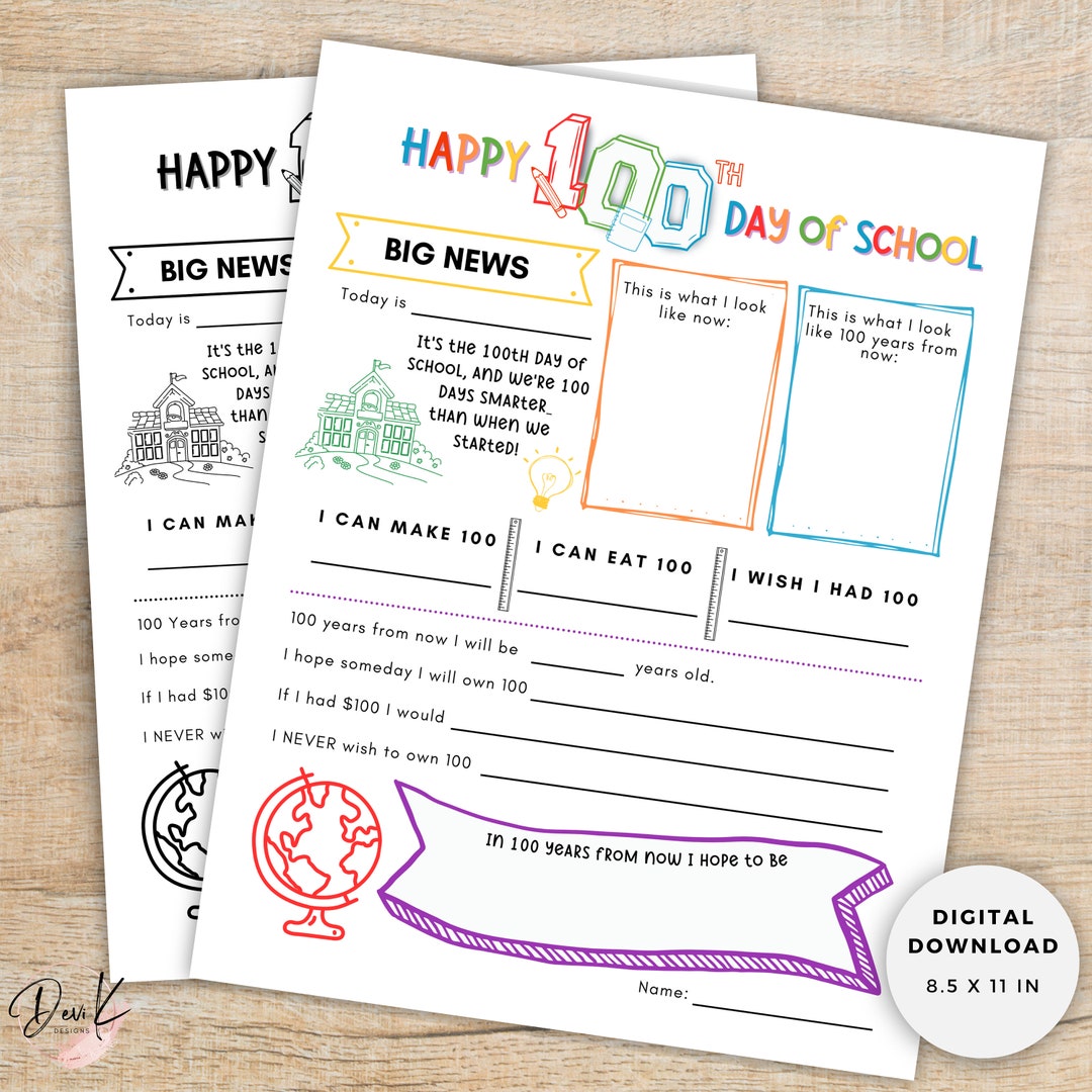 100th Day of School Worksheet Activity Printable, 100 Days of School ...