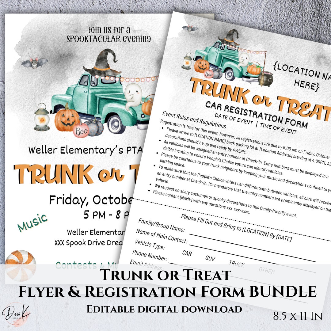 Editable TRUNK or TREAT Flyer & Registration Form Bundle Template, PTA ...