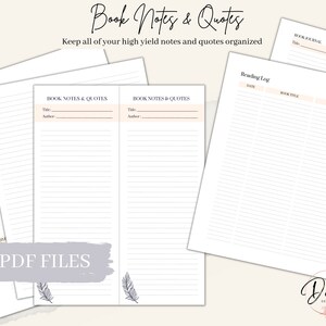 Book Notes & Quotes Printable Bookmarks, Reading Log Bookmark, Note ...