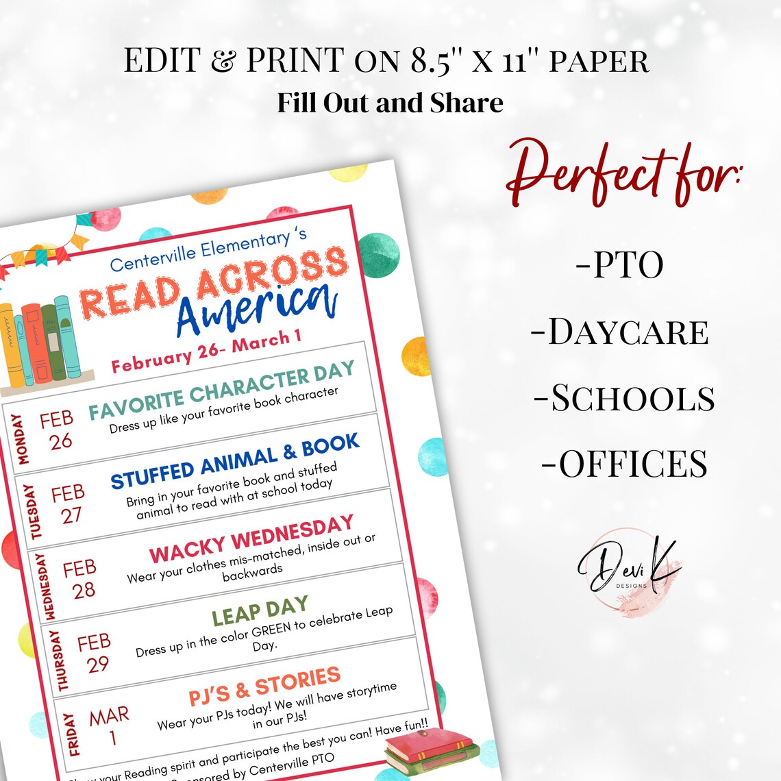 Read Across the US Spirit Week Flyer Template, Editable, Reading Themed ...