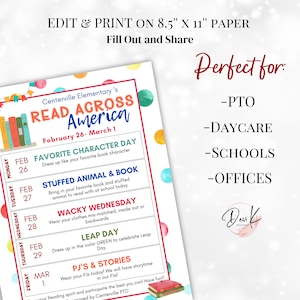 Read Across America Spirit Week Flyer Template, Editable, Reading ...