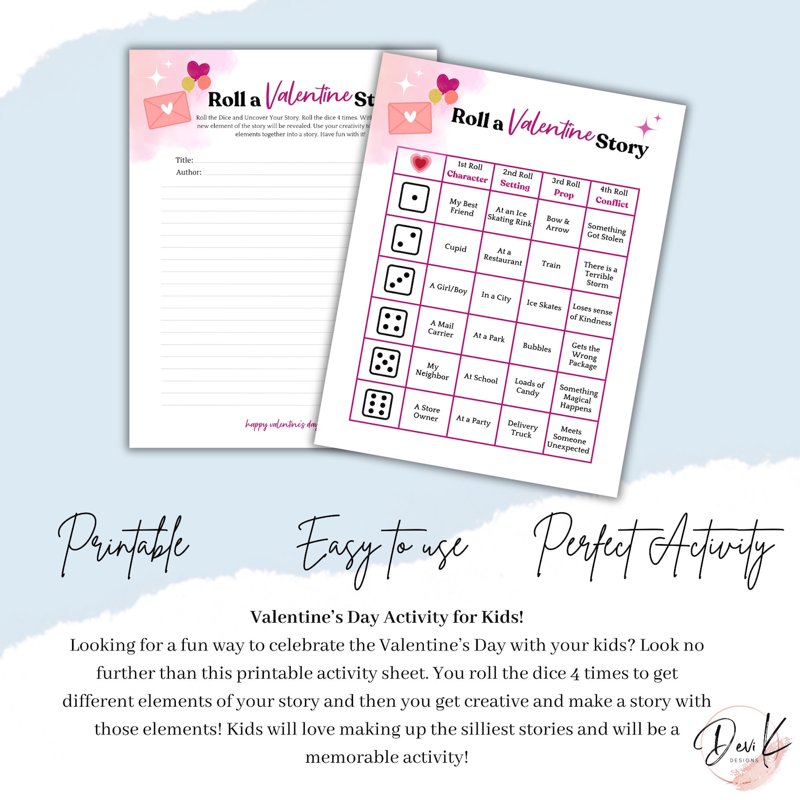 Roll a Valentine Story, Printable Roll a Story Dice Game, Valentine's ...