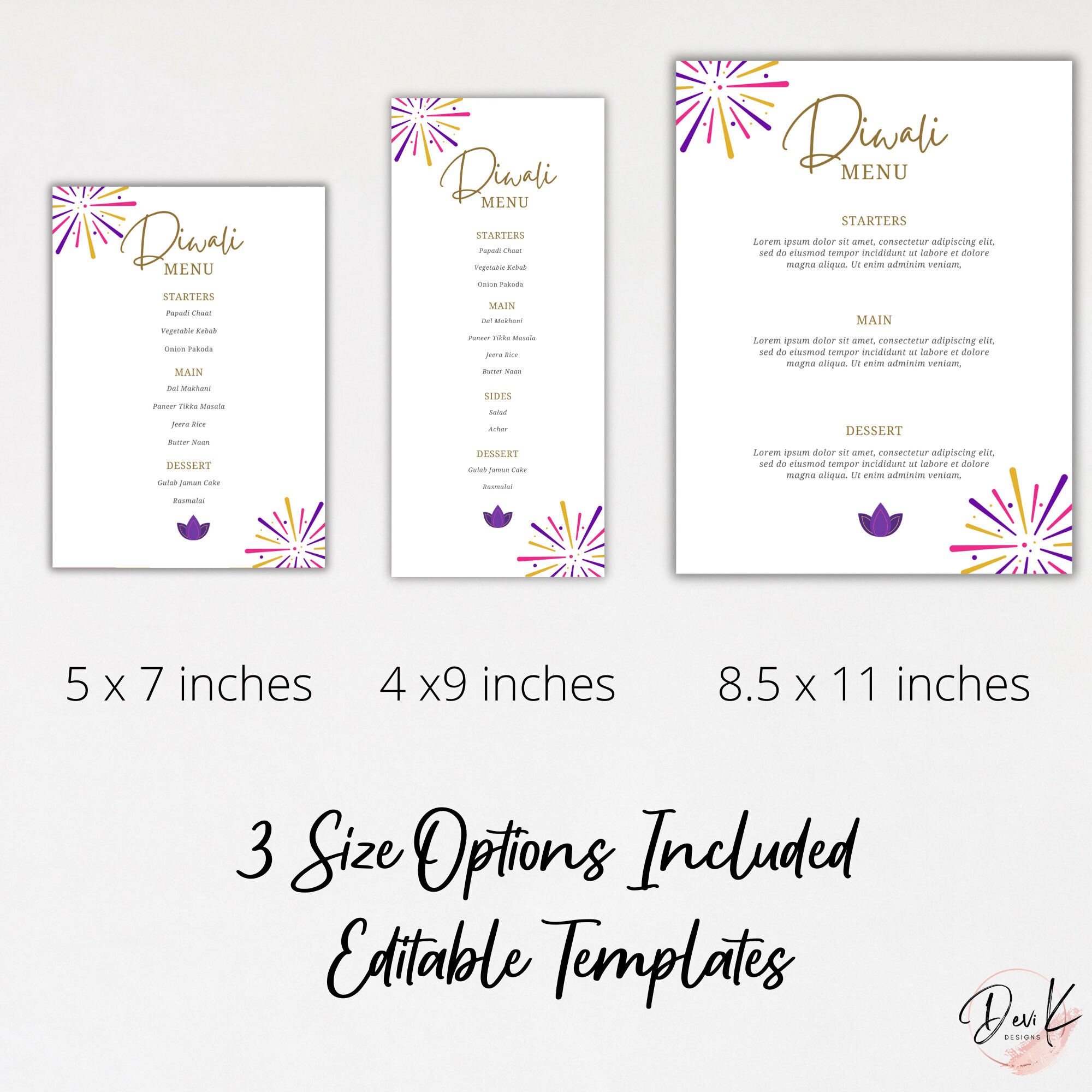Editable Diwali Menu Template, Firework Menu, Pink Purple Gold, Brunch ...