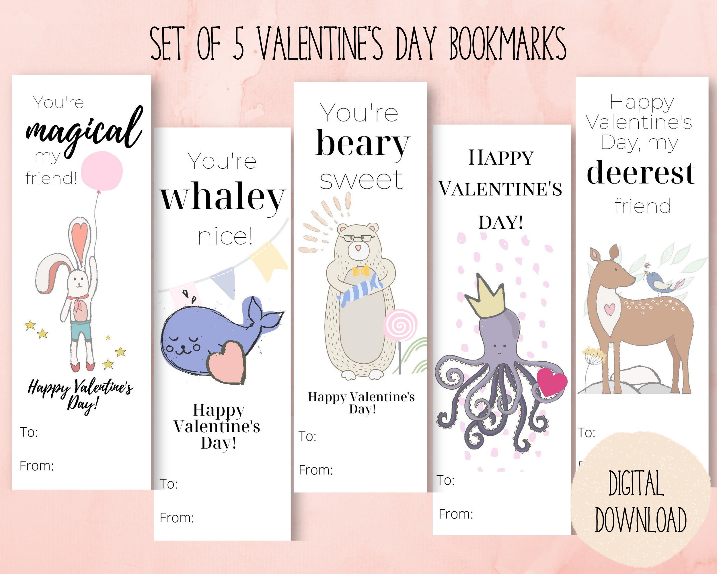 Printable Kids Valentines Day Bookmarks, Double-sided, Set of 5 ...