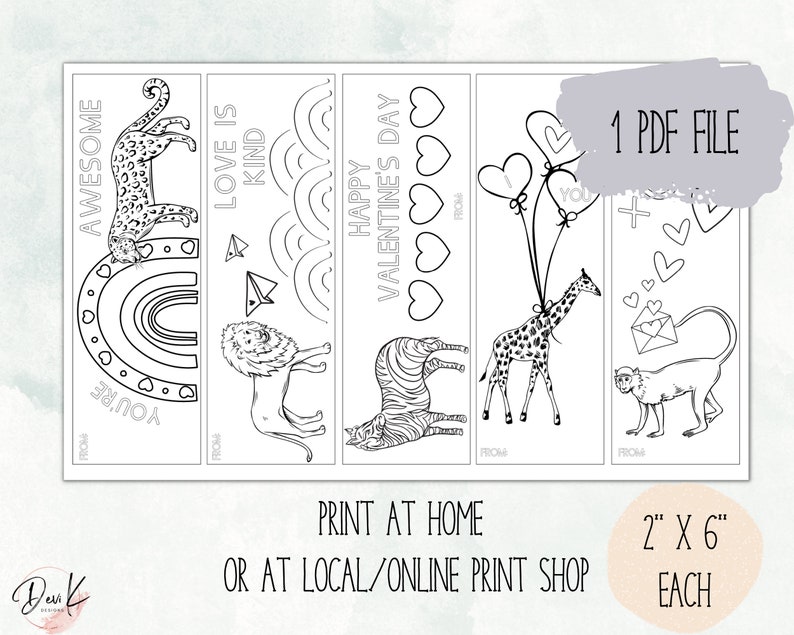 Printable Animal Valentines Day Coloring Bookmarks Set of 5 - Etsy