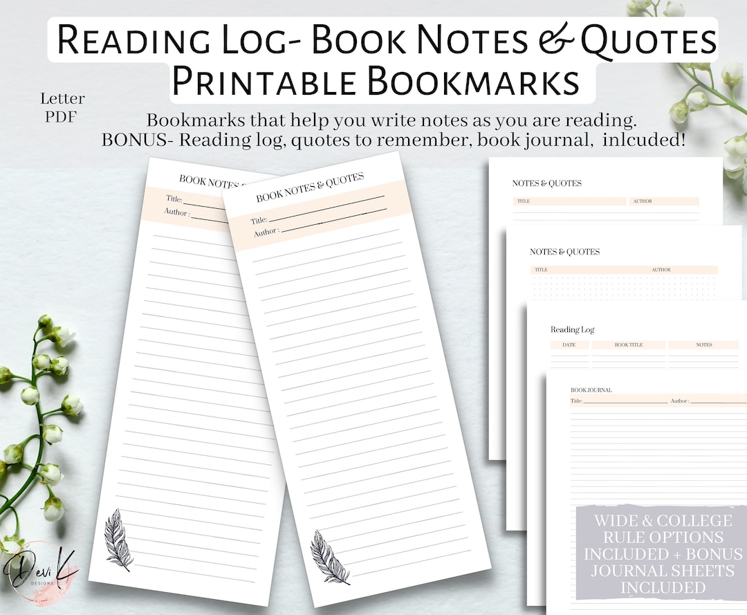 Book Notes & Quotes Printable Bookmarks, Reading Log Bookmark, Note ...