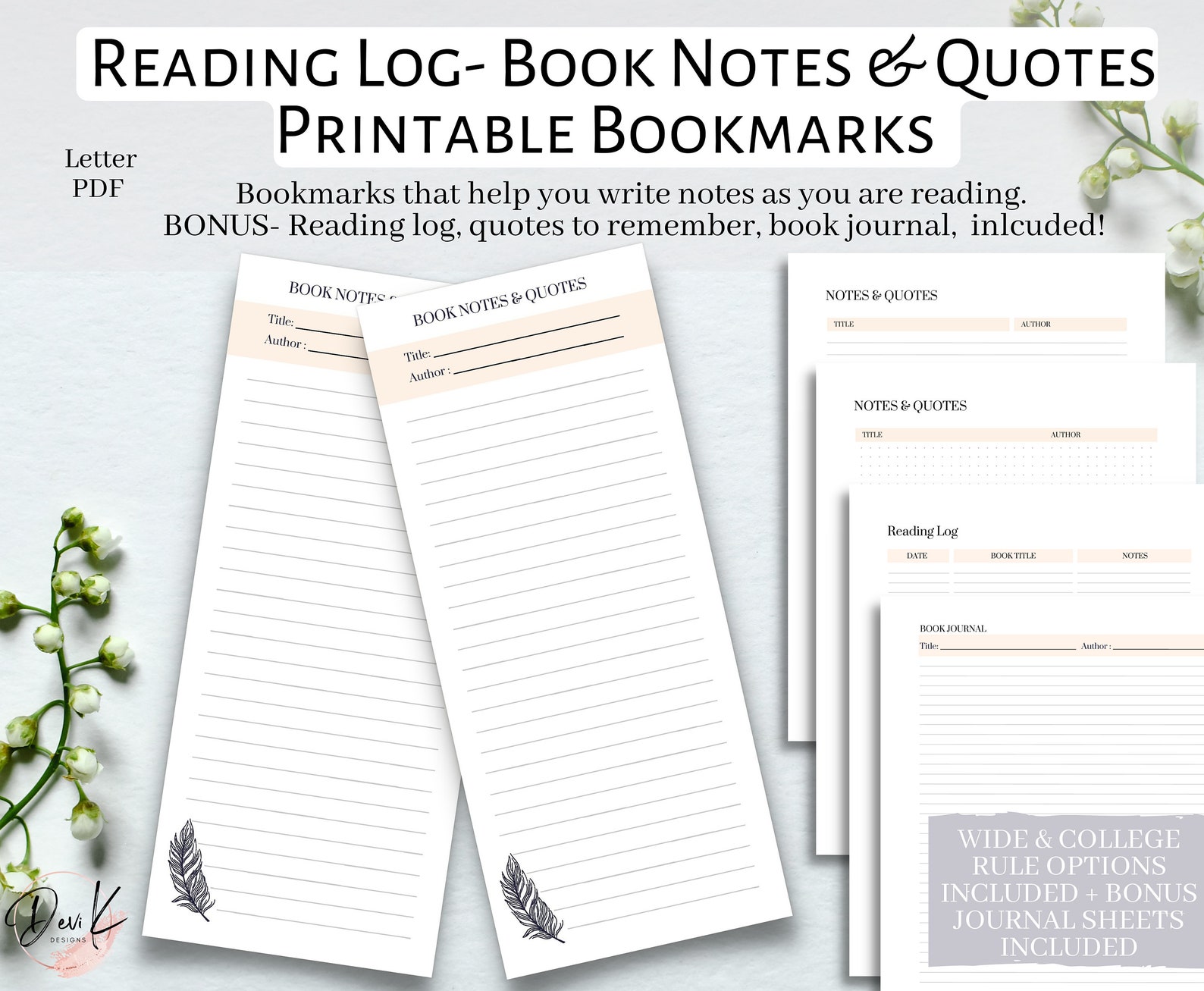 Book Notes & Quotes Printable Bookmarks, Reading Log Bookmark, Note ...
