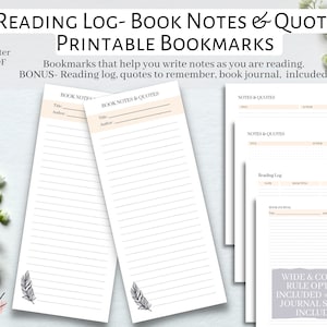 Book Notes & Quotes Printable Bookmarks, Reading Log Bookmark, Note ...