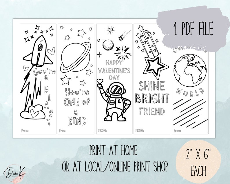 Printable Space Valentines Day Coloring Bookmarks Set of 5 - Etsy