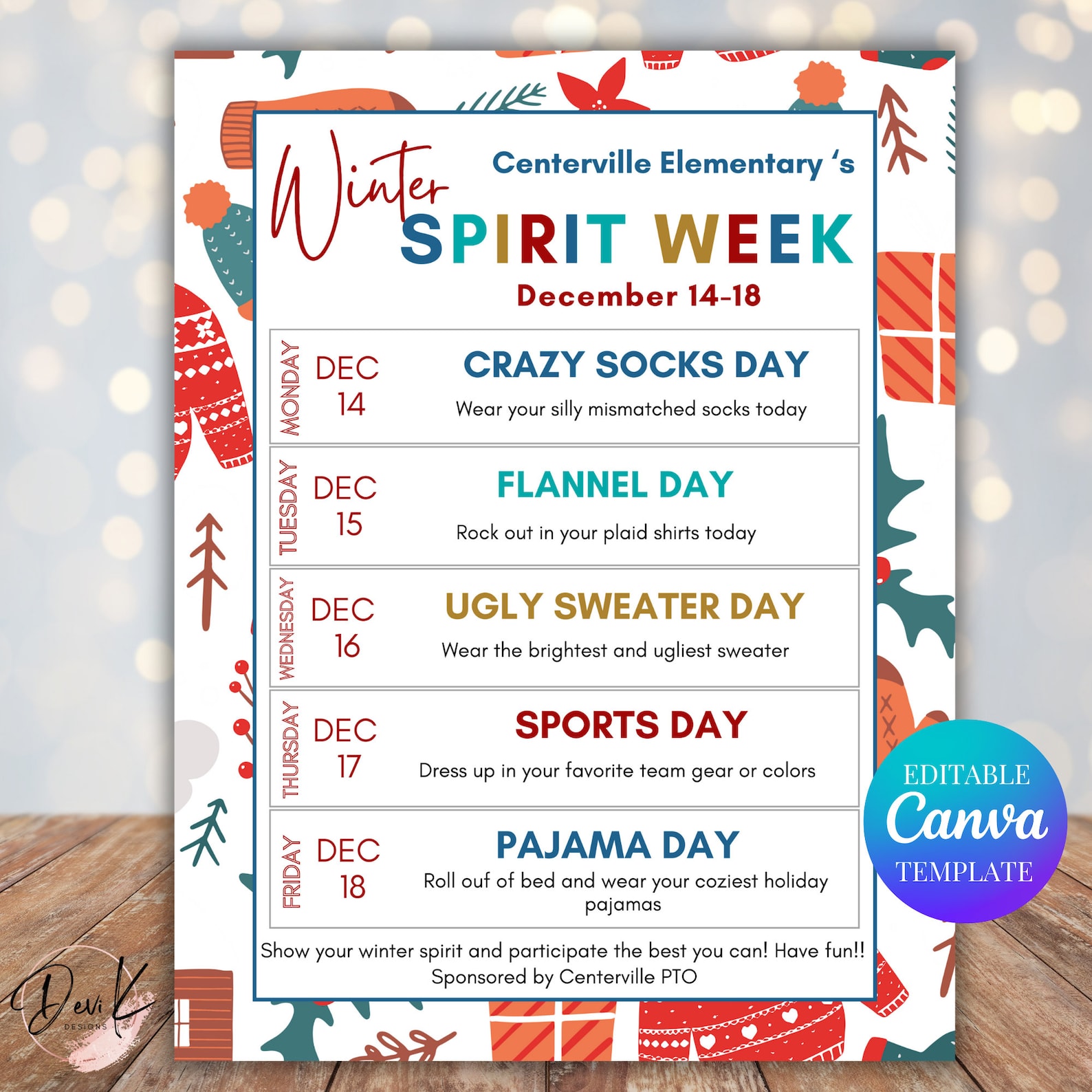 Winter Spirit Week Flyer Template, Editable, Printable, Holiday Themed ...