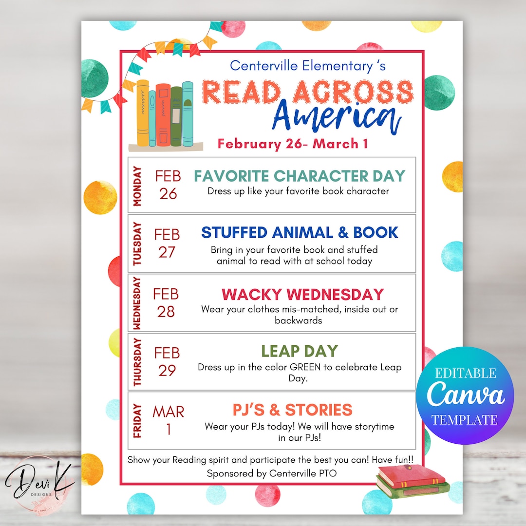 Read Across the US Spirit Week Flyer Template, Editable, Reading Themed ...