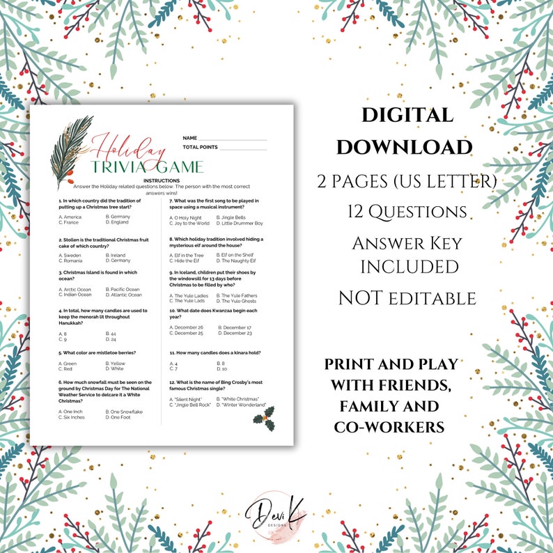 Holiday Trivia Game Printable, Group Party Game, Family Game Night ...