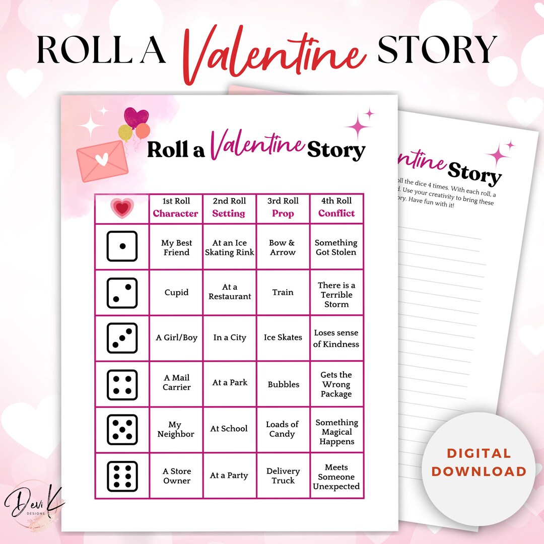 Roll a Valentine Story, Printable Roll a Story Dice Game, Valentine's ...