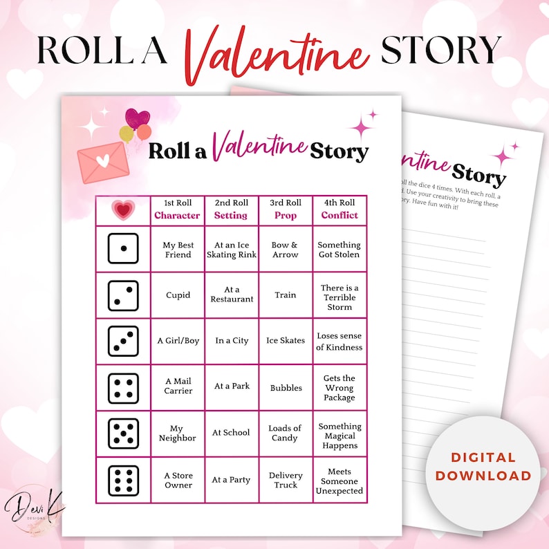 Roll a Valentine Story, Printable Roll a Story Dice Game, Valentine's ...
