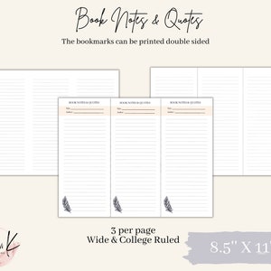 Book Notes & Quotes Printable Bookmarks, Reading Log Bookmark, Note ...