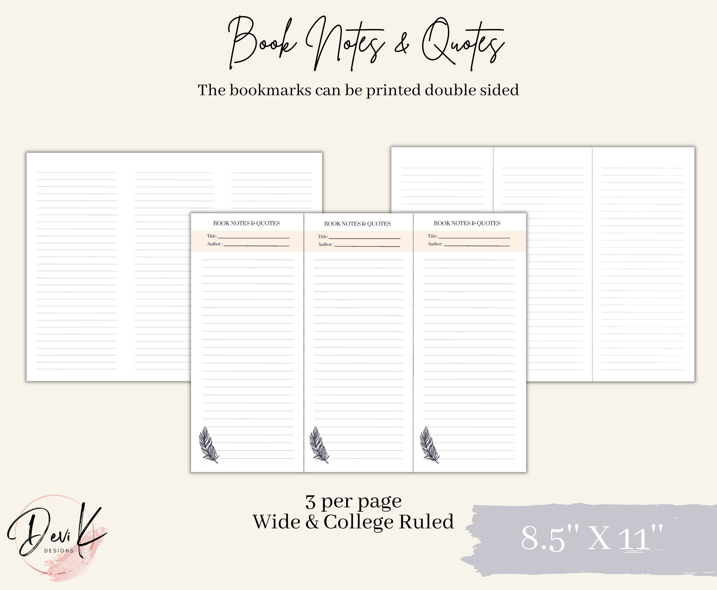 Book Notes & Quotes Printable Bookmarks, Reading Log Bookmark, Note ...