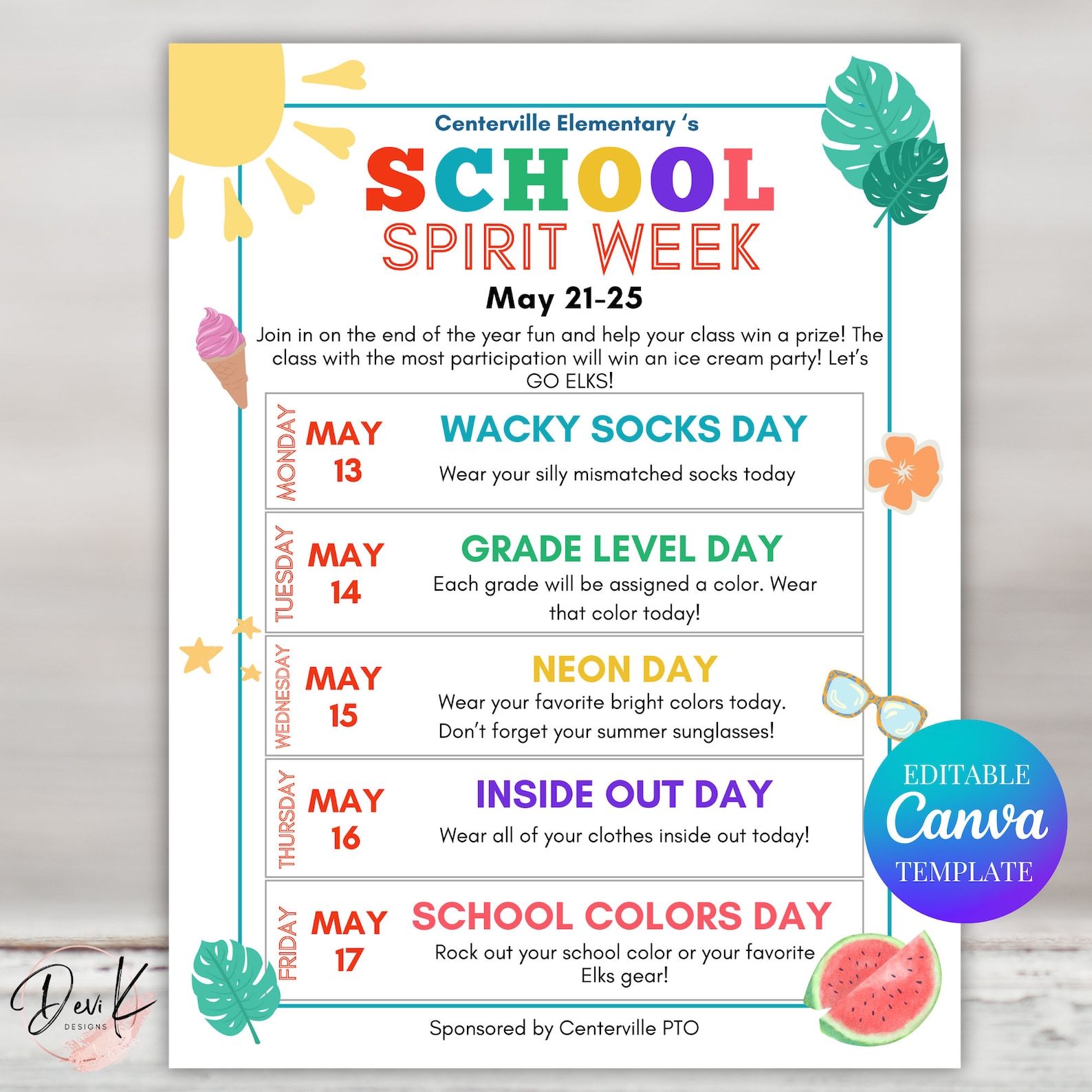 Summer Spirit Week Flyer Template, Editable, Printable, Summer Themed ...