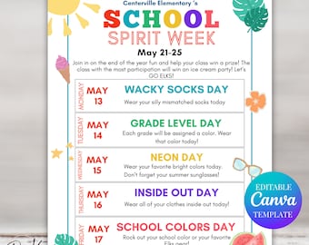 Summer Spirit Week Flyer Template, Editable, Printable, Summer Themed ...