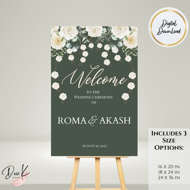 Forest Green White Floral Drape Welcome Sign, Wedding Sign ...
