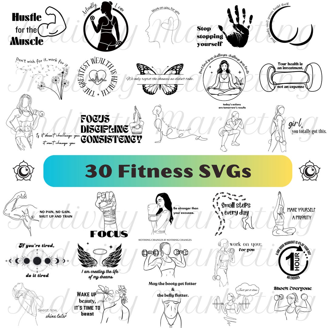 Fitness SVG Bundle: 30 Motivational Workout Designs (digital Download ...