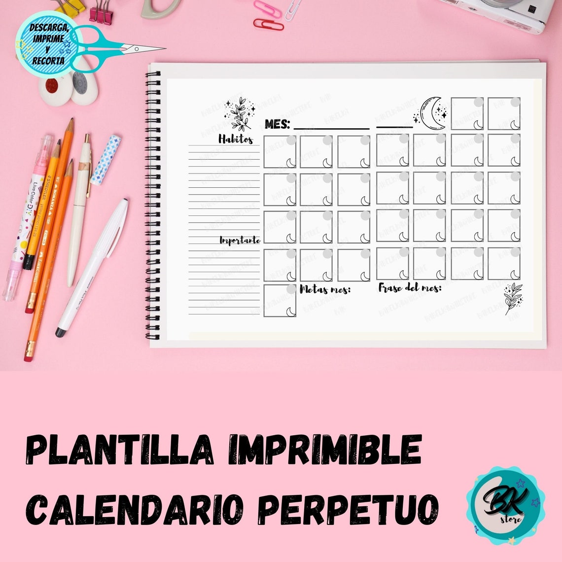 Plantilla IMPRIMIBLE PDF CALENDARIO Mensual Perpetuo Listado | Etsy UK