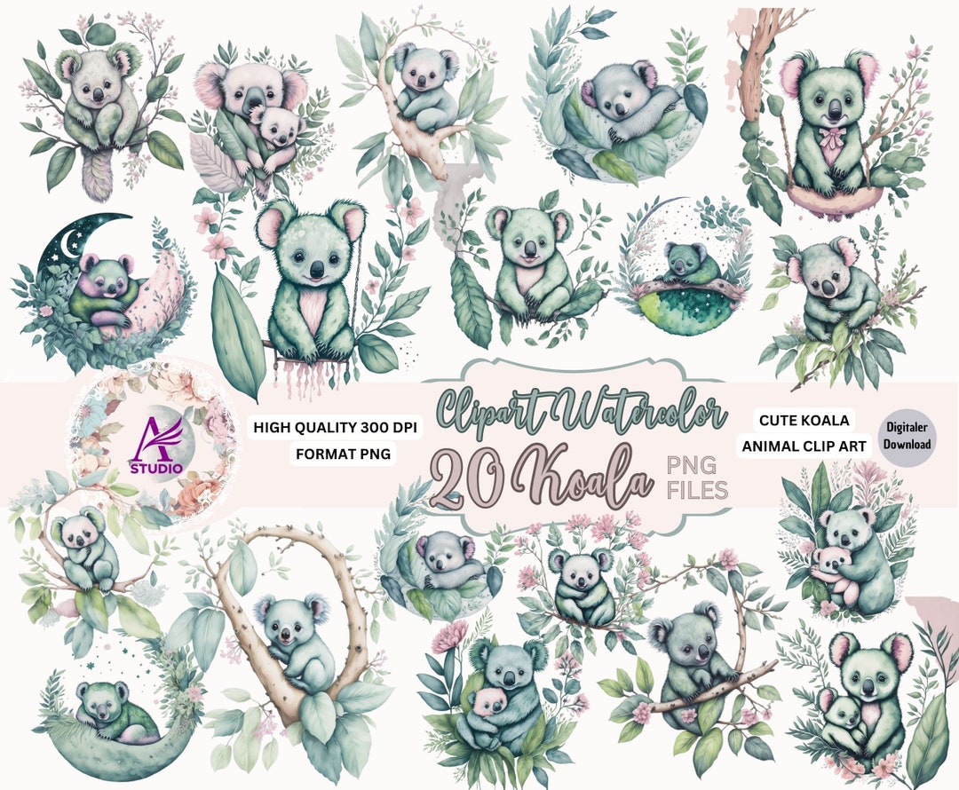 Clipart Koala, Watercolor PNG, Nursery Wall Art, Cute Koala Clipart Set ...