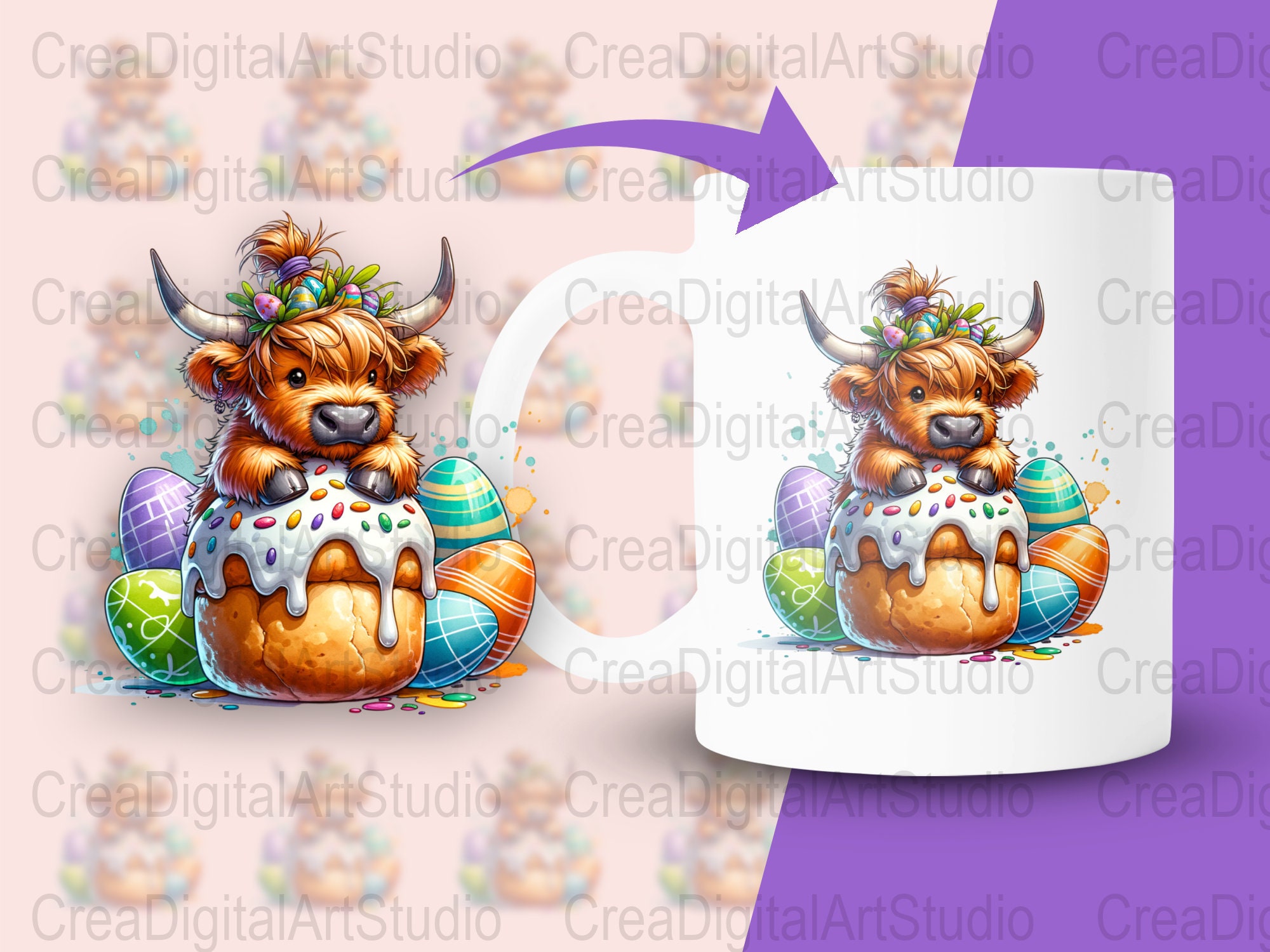 Easter Highland Cow PNG, Messi Bun Baby Calf Easter Egg Sublimation ...