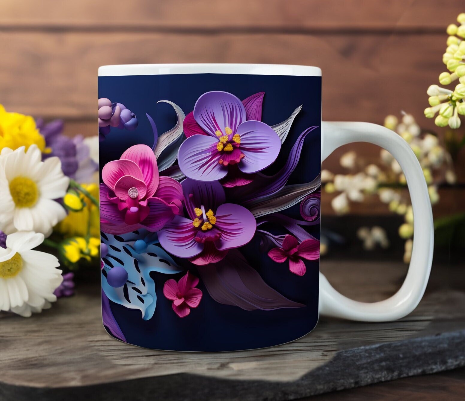3D Purple Orchid Floral Mug Design - 11oz and 15oz Mug Wrap Sublimation ...