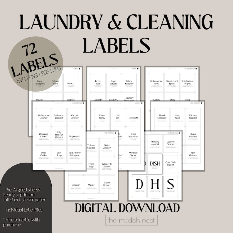 Printable Laundry Labels | Set of 72 Modern Laundry Labels | Laundry ...