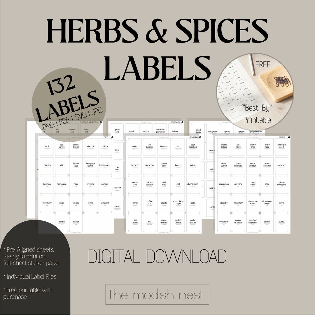 Spice Jar Label Set | Pantry Label Printable for Spices, Herbs and ...
