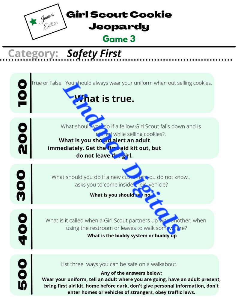 Girl Scout Jeopardy- 3 Games of Questions and Answers With Scoring ...