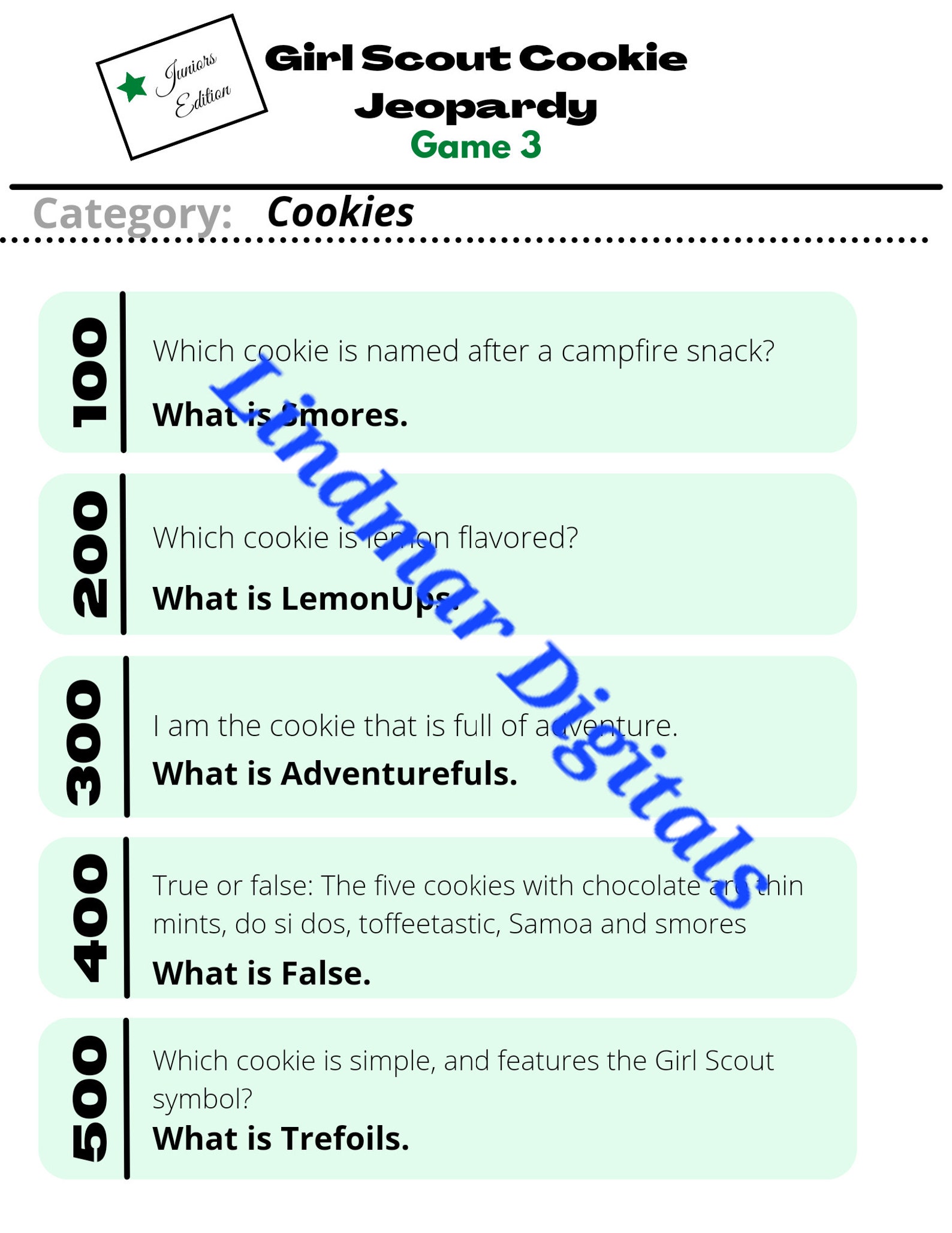 Girl Scout Jeopardy- 3 Games of Questions and Answers With Scoring ...