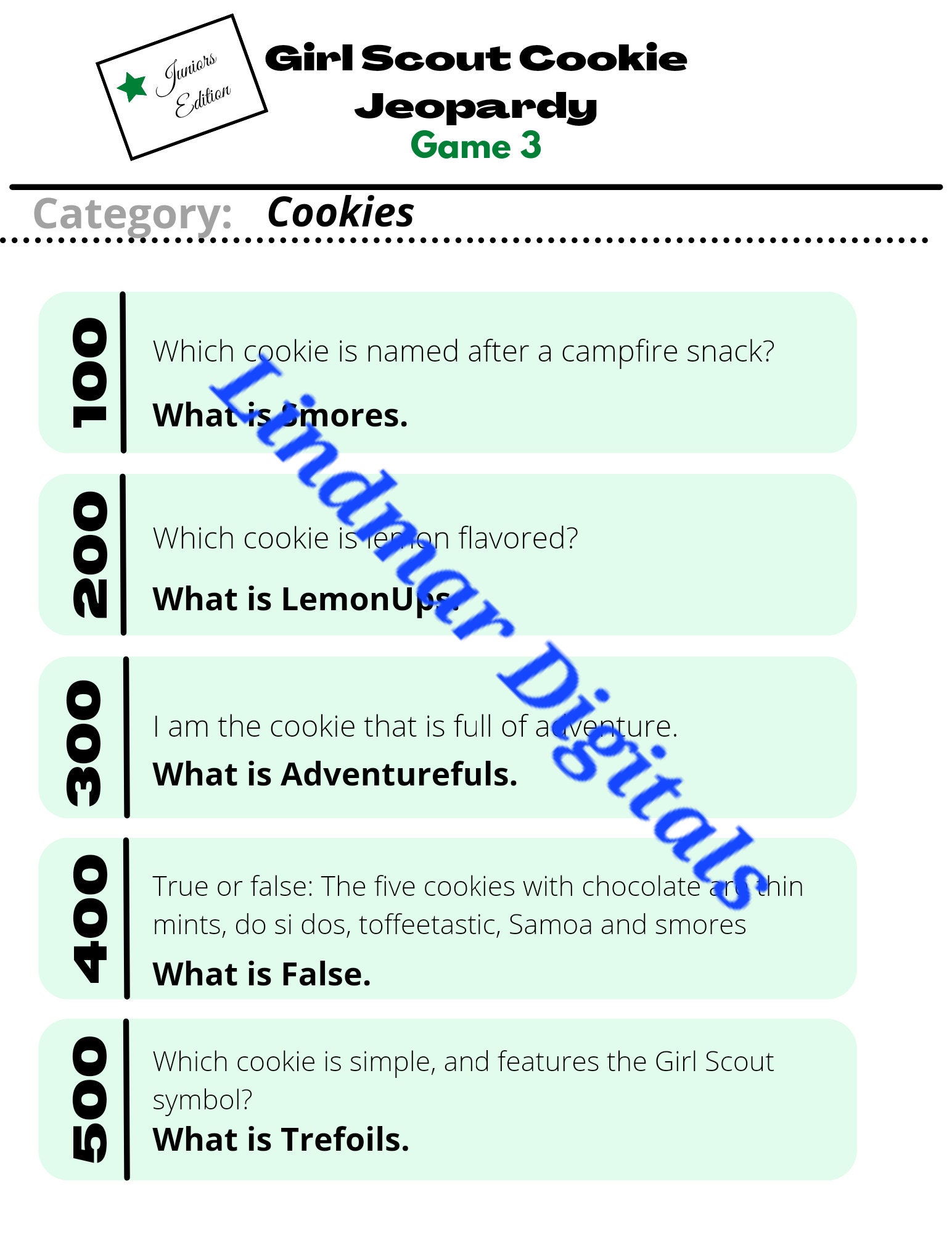 Girl Scout Jeopardy- 3 Games of Questions and Answers With Scoring ...