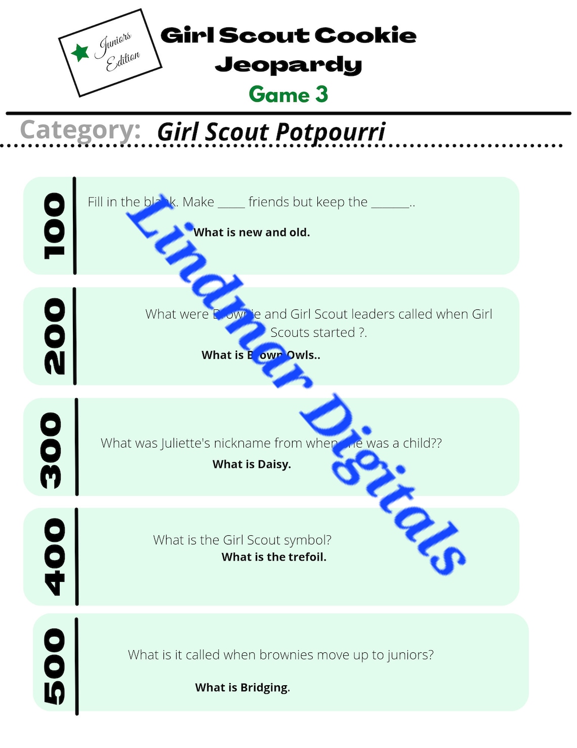 Girl Scout Jeopardy- 3 Games of Questions and Answers With Scoring ...