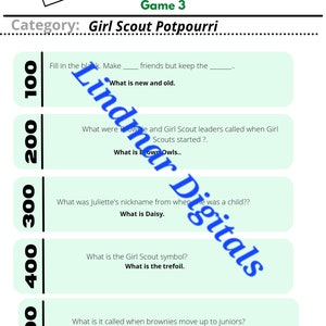 Girl Scout Jeopardy- 3 Games of Questions and Answers With Scoring ...