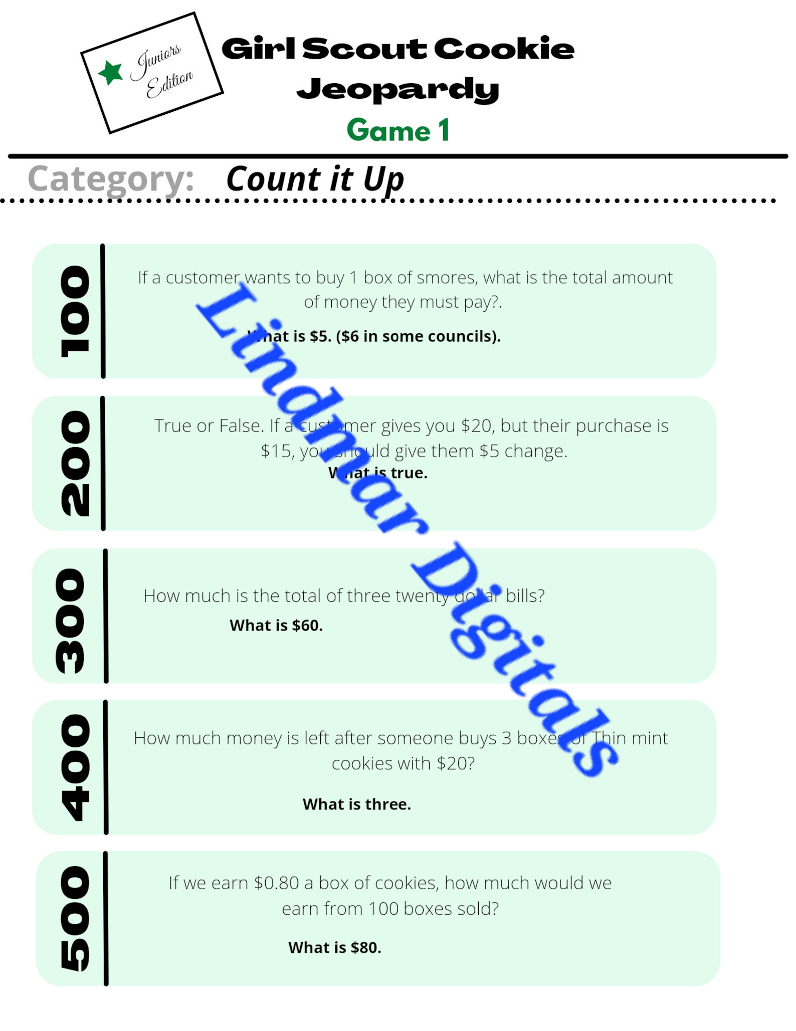 Girl Scout Jeopardy- 3 Games of Questions and Answers With Scoring ...