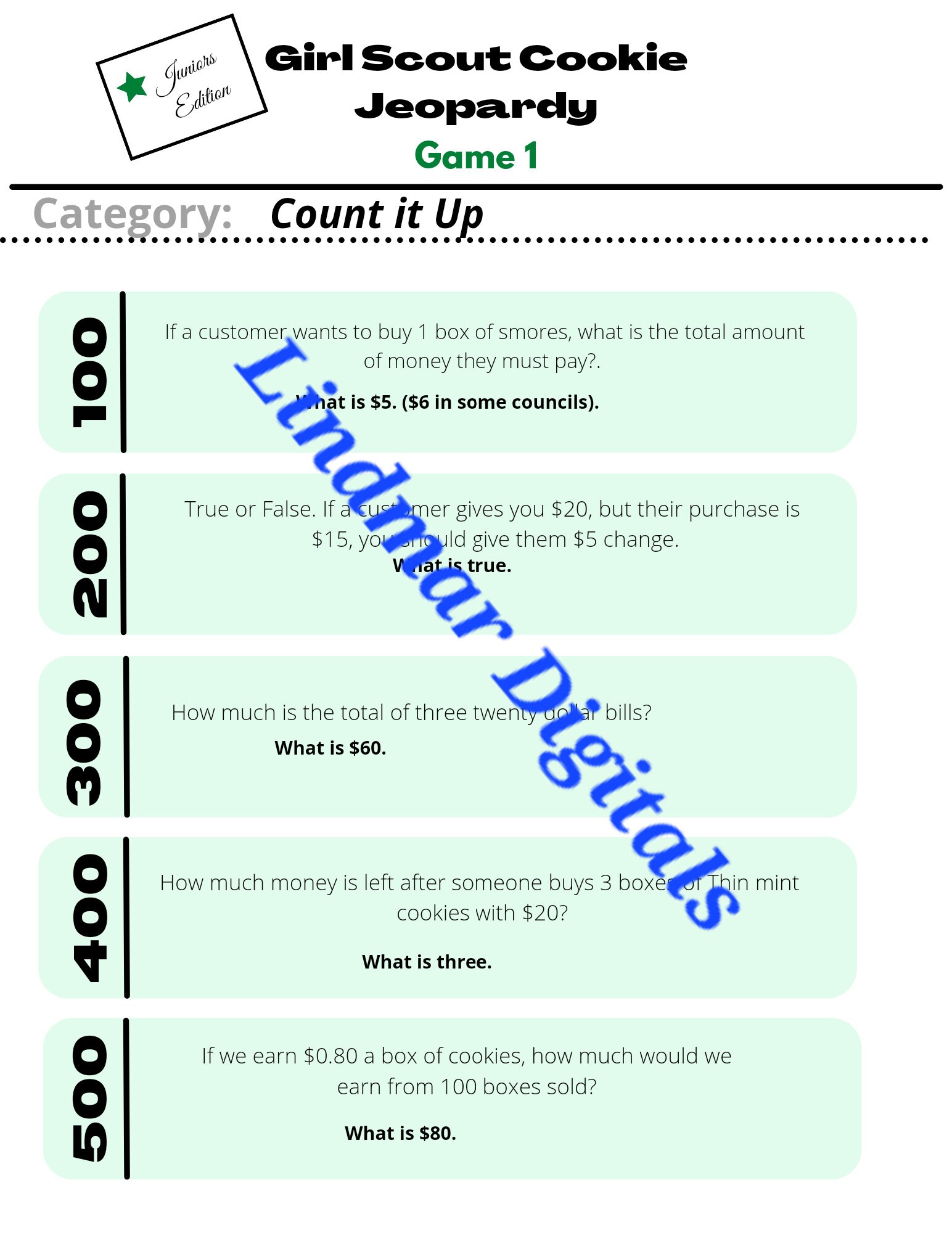 Girl Scout Jeopardy- 3 Games of Questions and Answers With Scoring ...