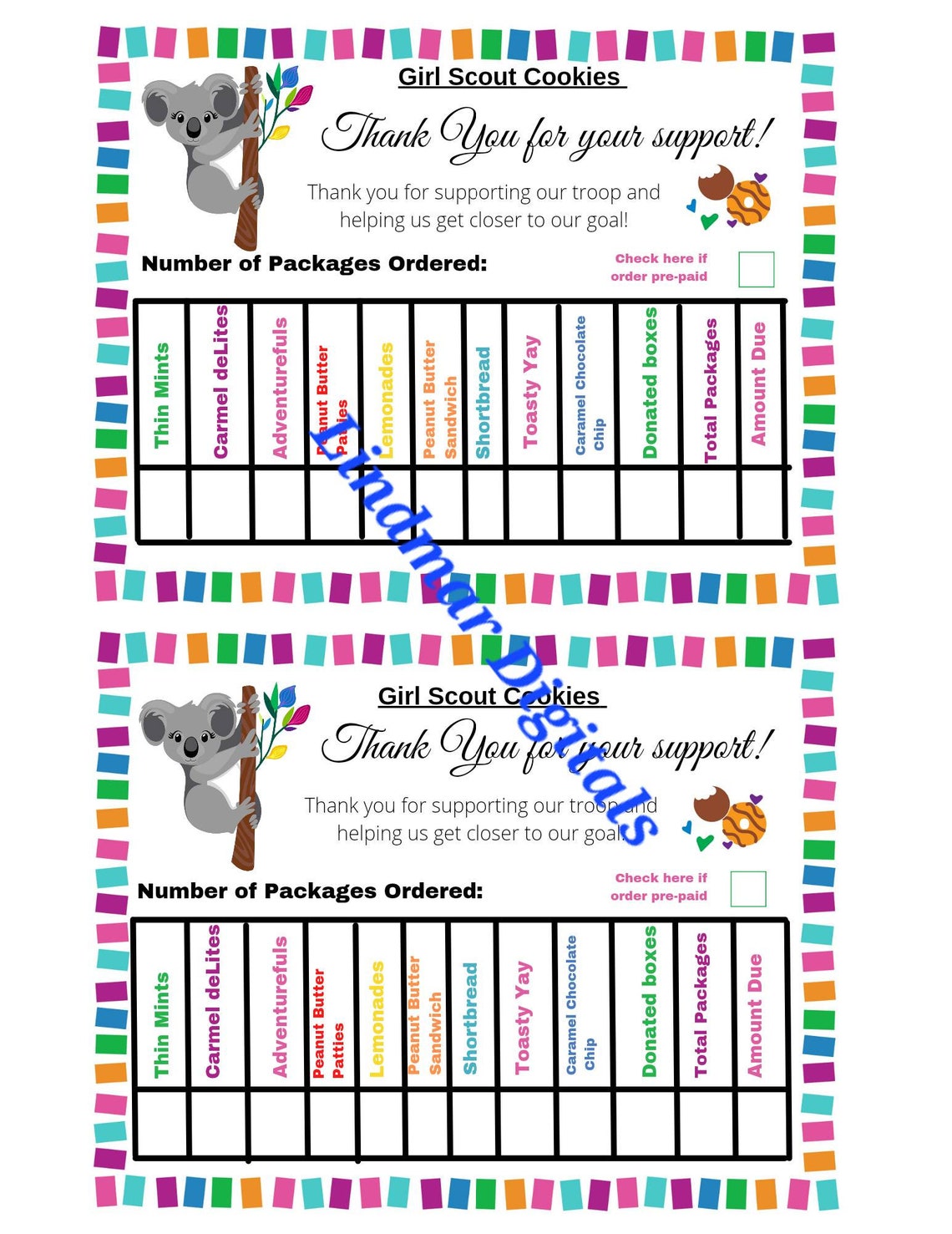 Printable Thank You Slips or Noted to Tally Cookie Orders. ABC Bakers ...