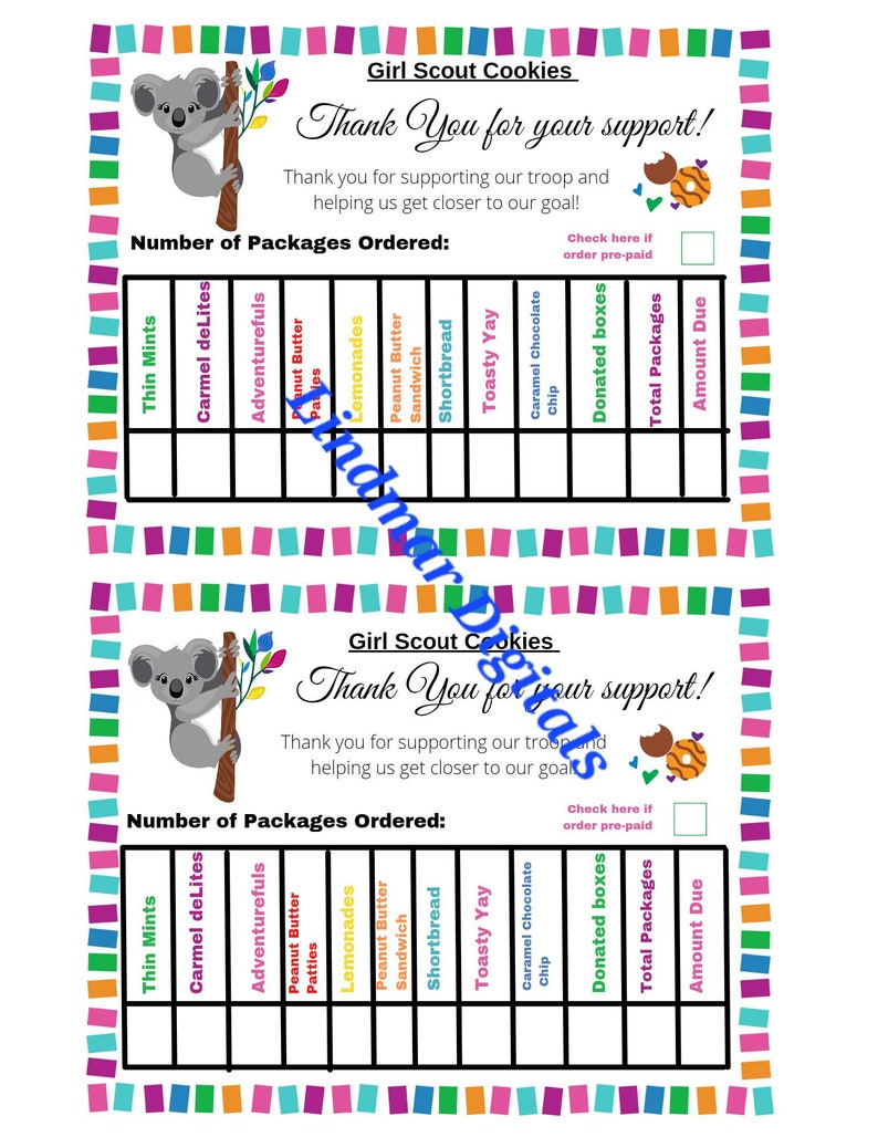 Printable Thank You Slips or Noted to Tally Cookie Orders. ABC Bakers ...