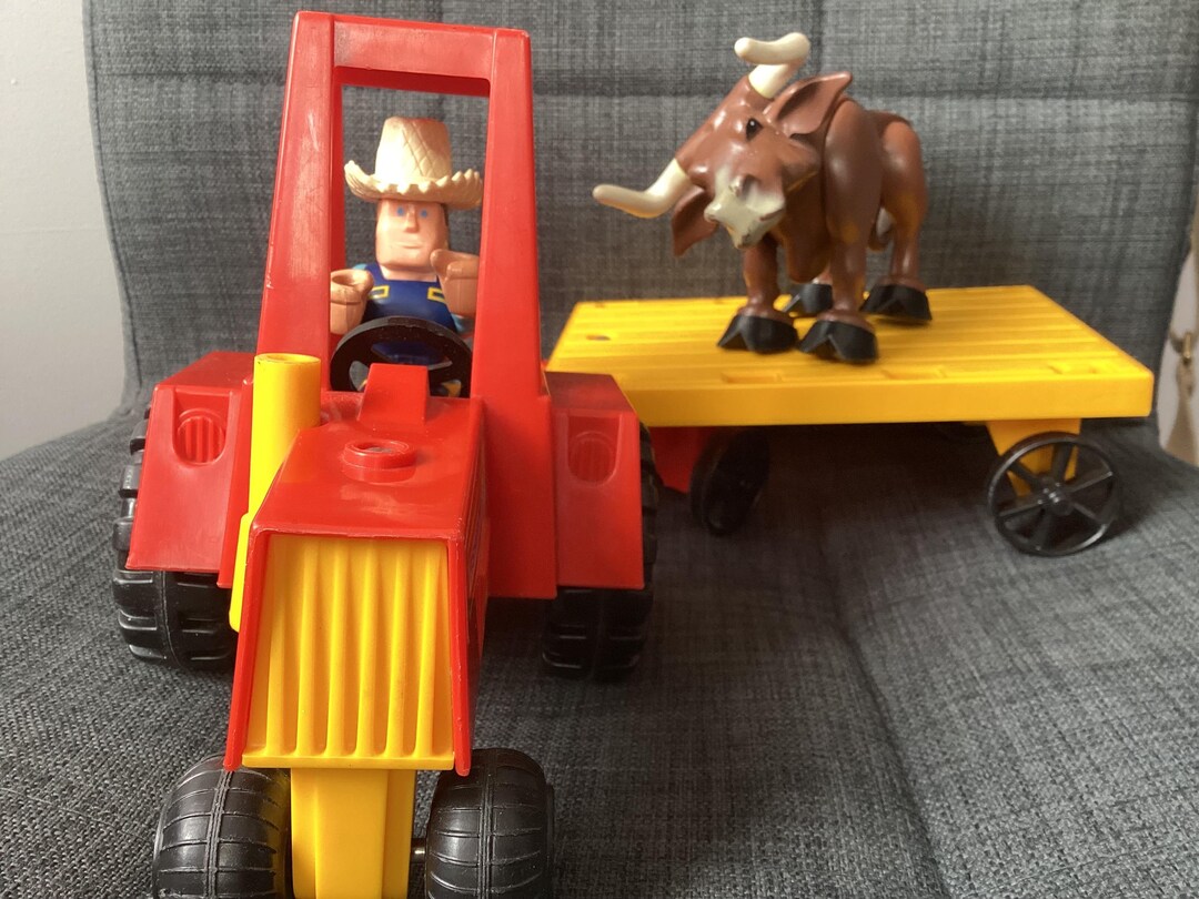 Vintage Fisher Price Husky Helper Farm Set Tractor With Farmer and Bull ...