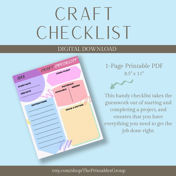 Craft Checklist Printable Arts and Crafts Project Journal - Etsy Canada