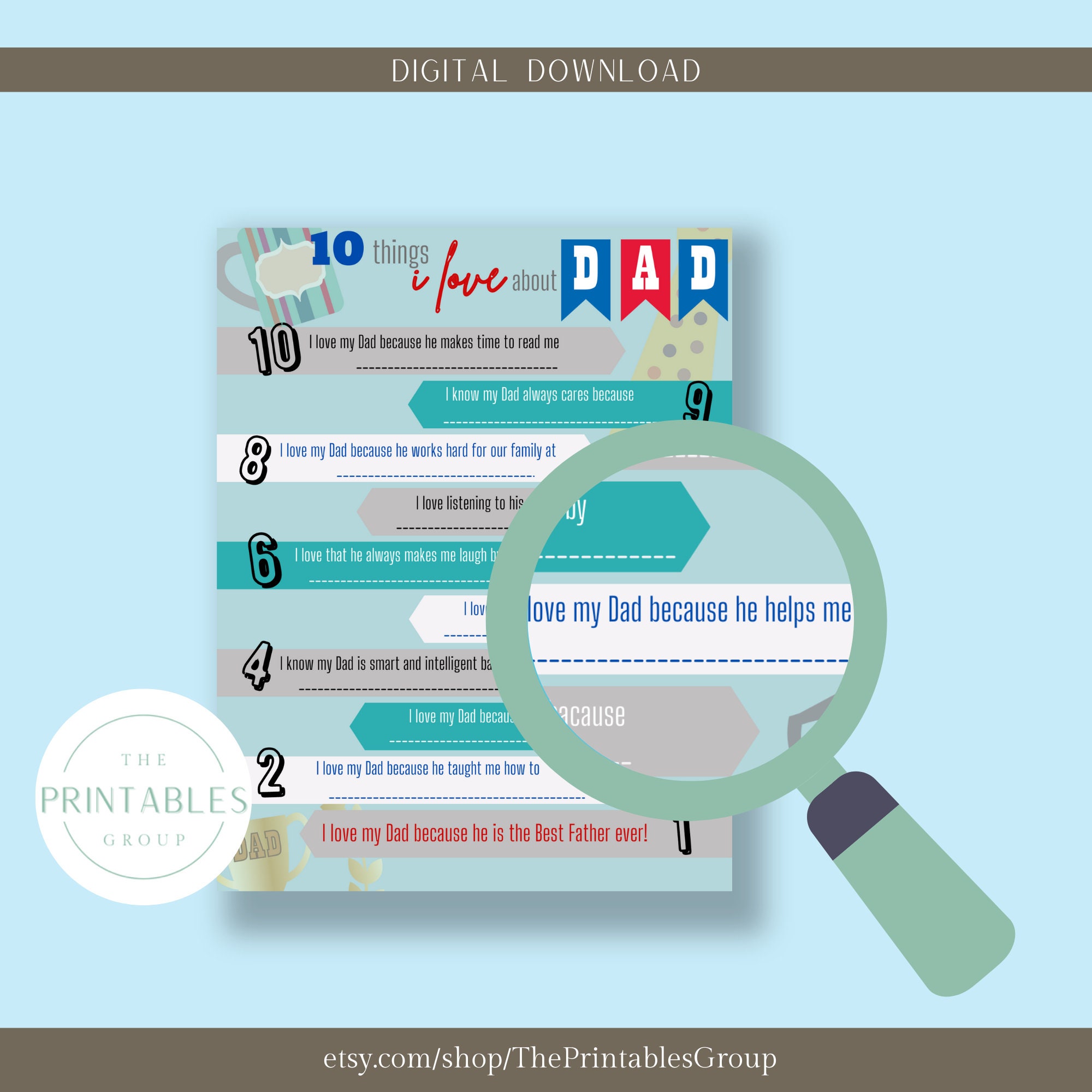 10 Things I Love About Dad, Father's Day Printable, Things We Love ...