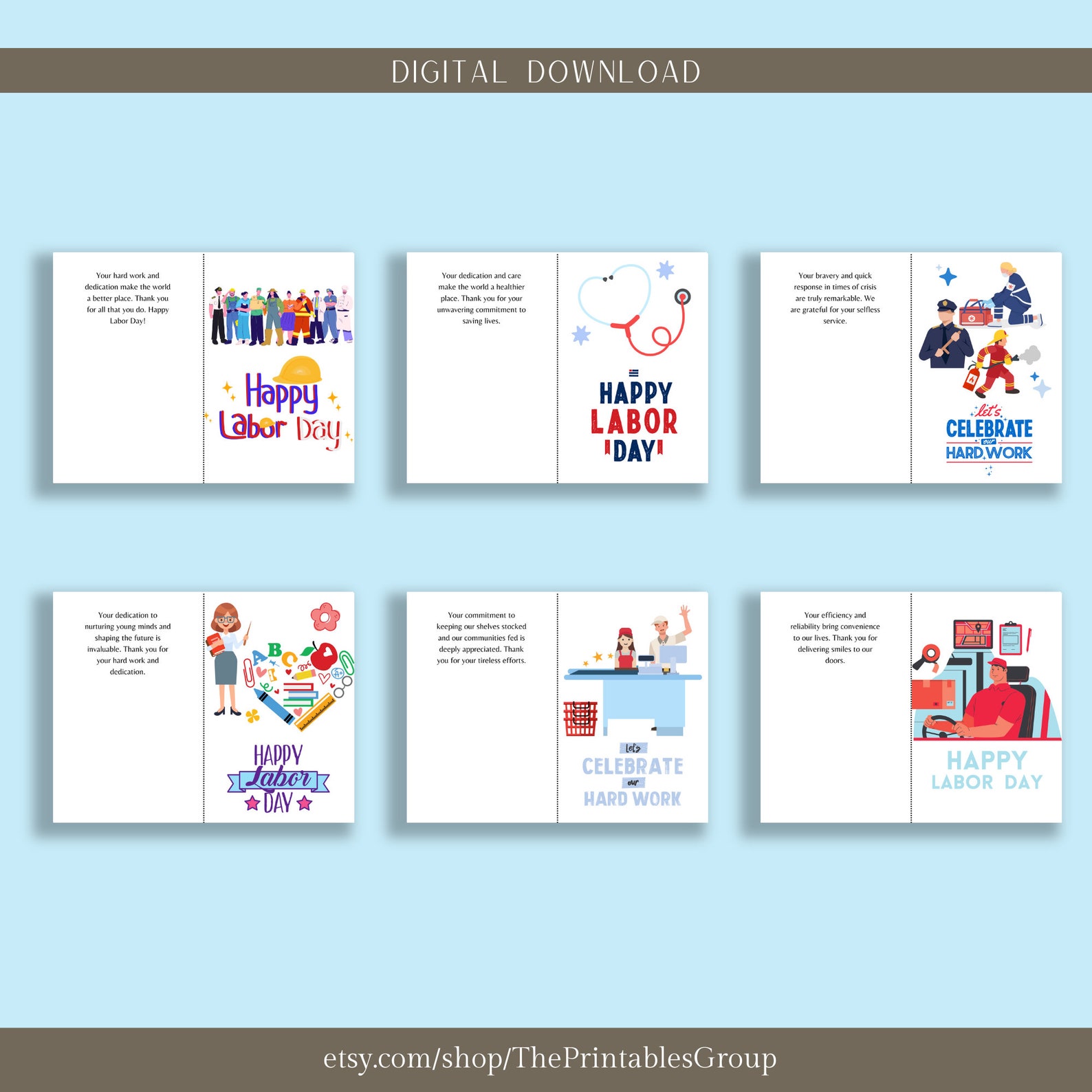 Labor Day Thank You Cards Printable | Set of 8 Labor Day Cards ...
