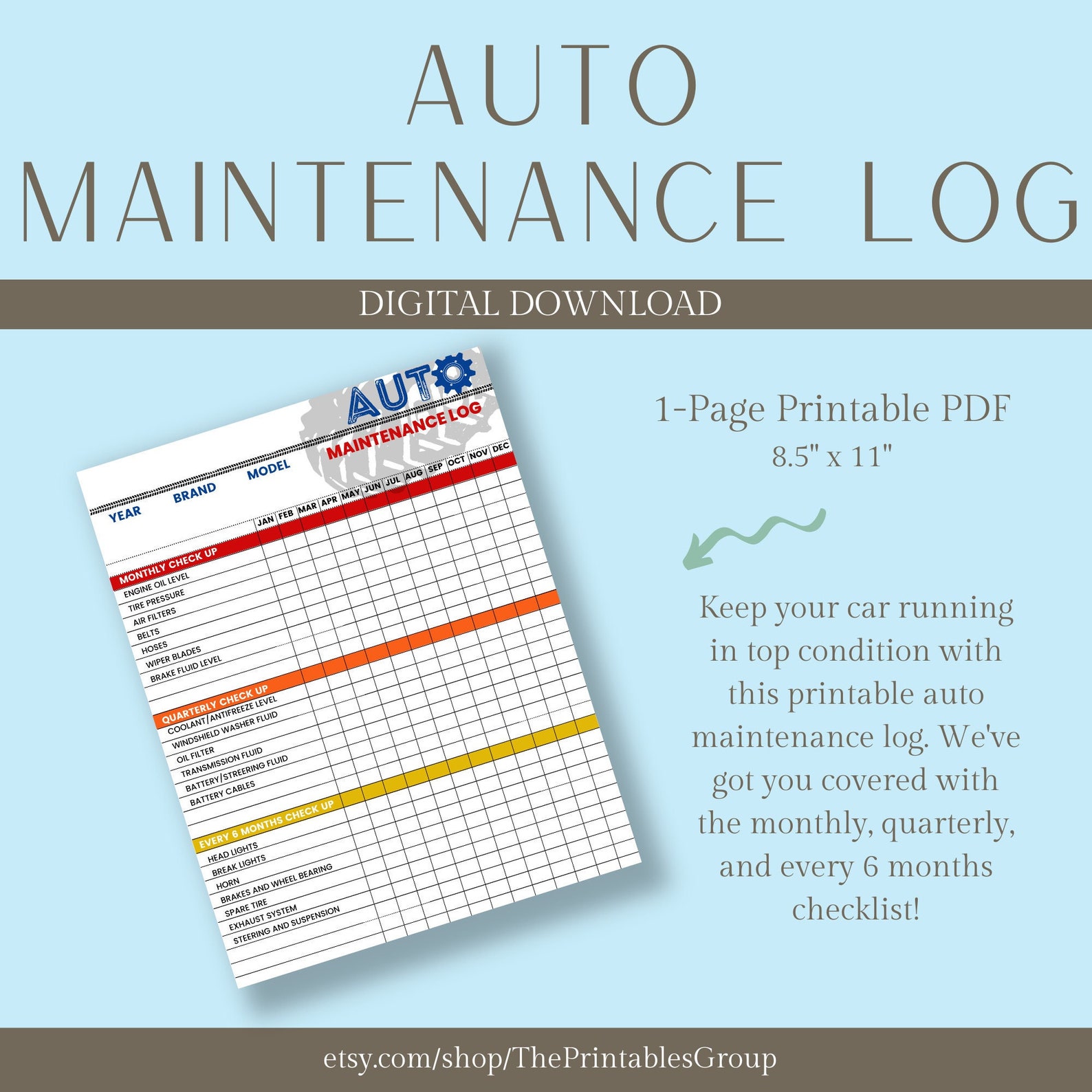 Auto Maintenance Log Printable, Vehicle Maintenance Log PDF, Car ...