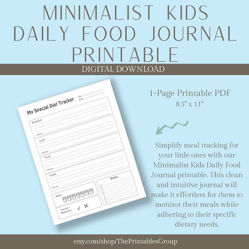 Minimalist Kids Daily Food Journal Printable, Kids Daily Special Diet ...