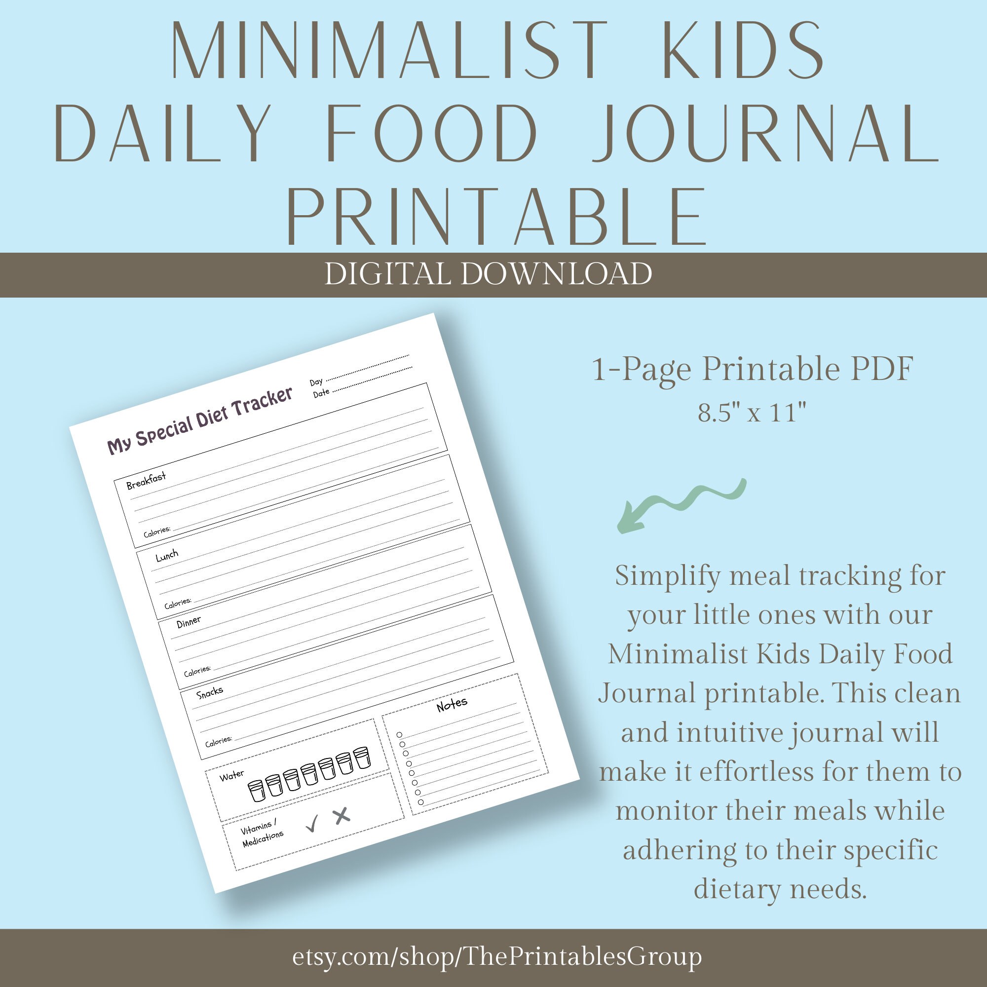 Minimalist Kids Daily Food Journal Printable, Kids Daily Special Diet ...