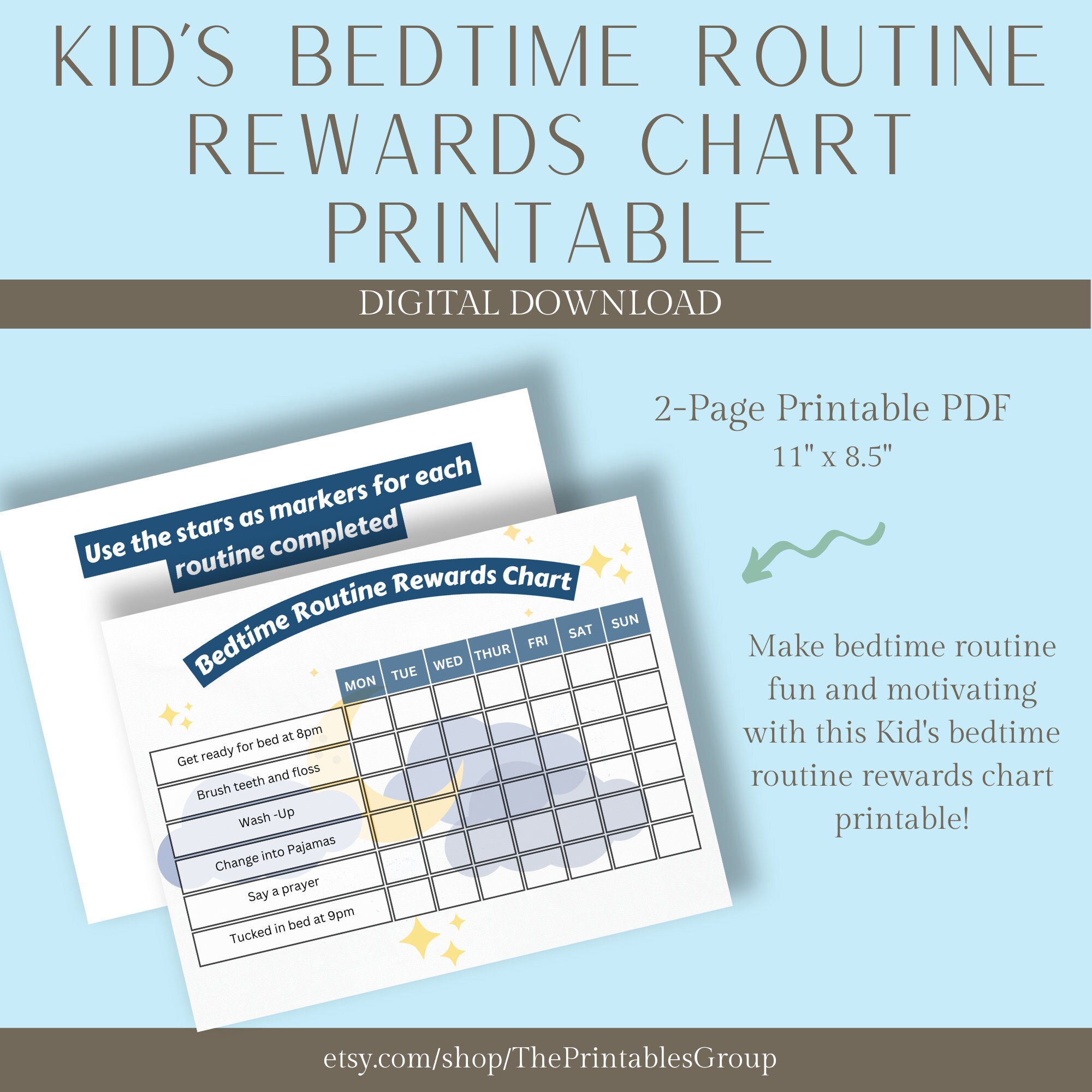 Kid's Bedtime Routine Rewards Chart Printable | Evening Schedule ...
