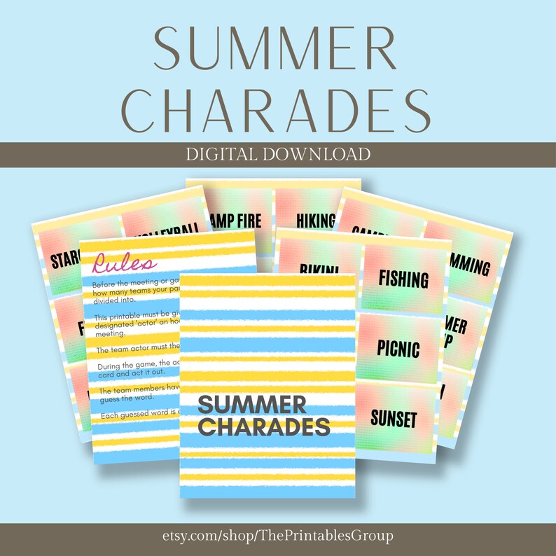 Summer Charades Printable Bundle, Printable Charades for Kids and ...